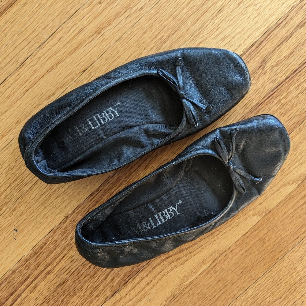 Sam & Libby Black Ballet Flats, Soft Leather W/Bow - Gem